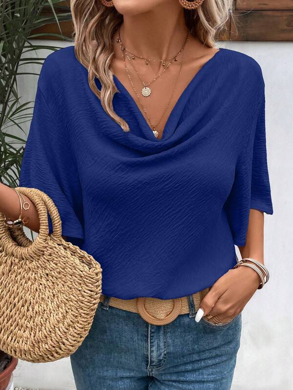 Solid Draped Collar Butterfly Sleeve Blouse | SHEIN USA