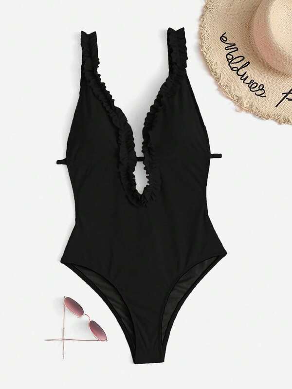 Shein Swim Bae Frill Trim Plunging Neck One Piece Swimsuit Shein Usa