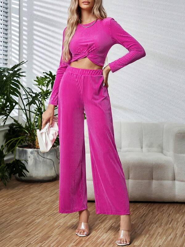 Solid Crop Tee And Wide Leg Pants Shein Usa