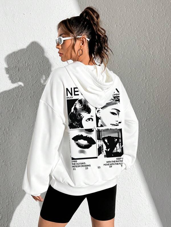Shein Coolane Capucha Con Estampado De Figura Y Slogan De Hombros