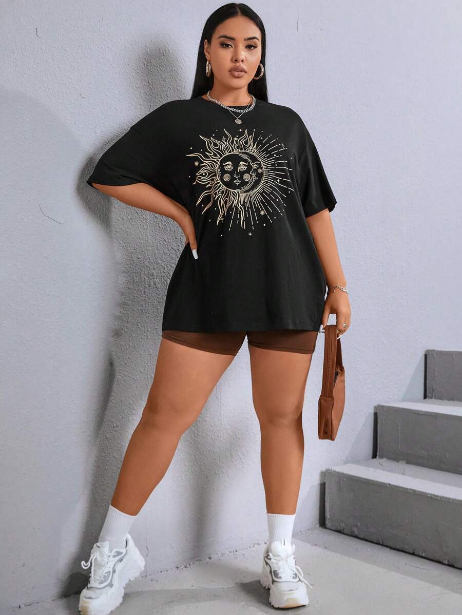 Shein Ezwear Plus Sun And Moon Print Drop Shoulder Tee Shein Usa