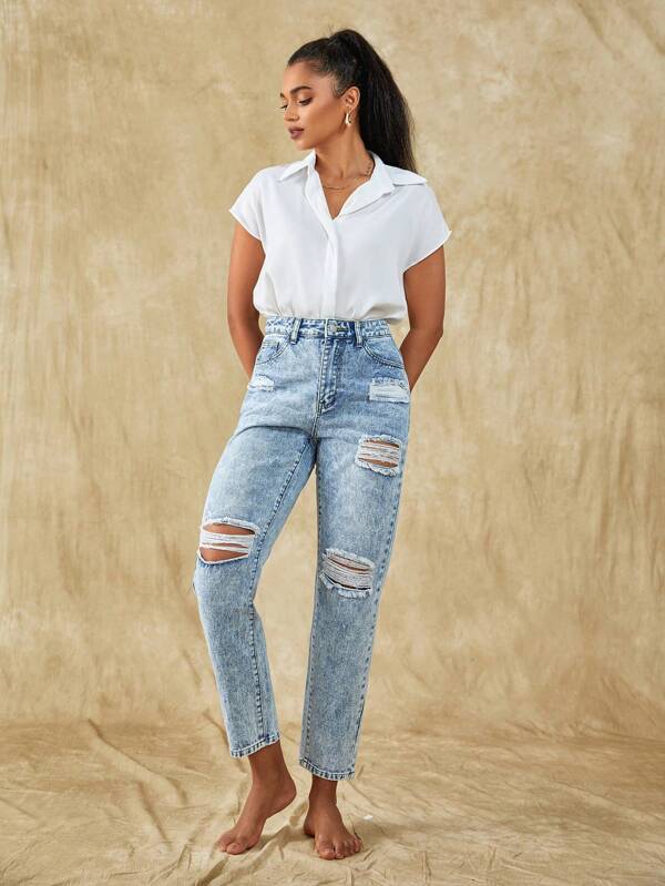 SHEIN Frenchy Solid Ripped Mom Fit Jeans | SHEIN USA