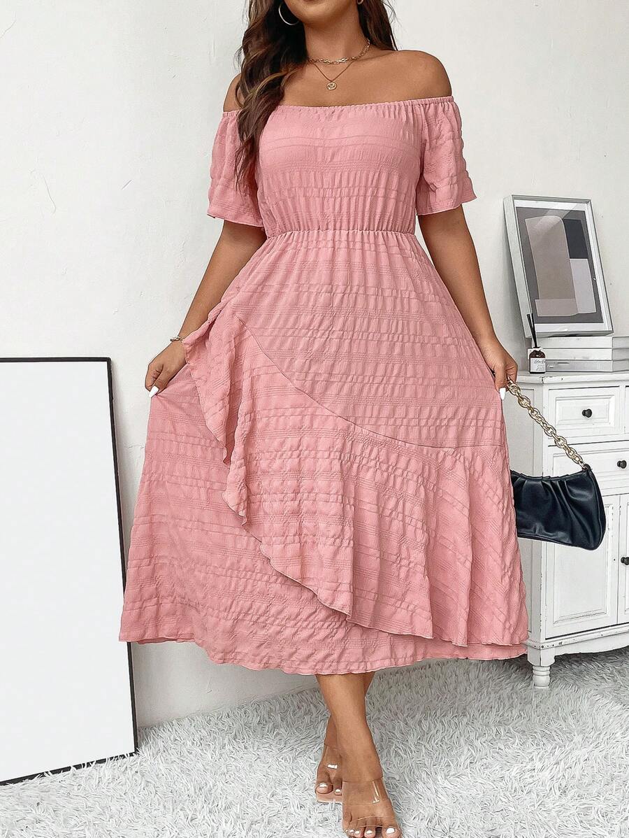 Shein Belle Plus Off Shoulder Ruffle Trim Wrap Hem Dress Shein Usa