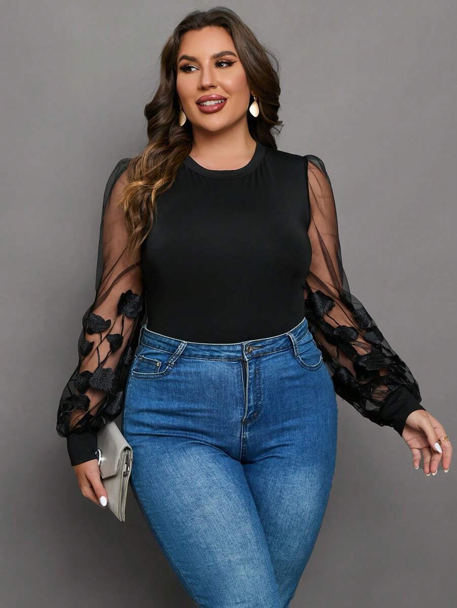 SHEIN Clasi Talla grande Body de malla en contraste de manga farol | Moda de Mujer | SHEIN México