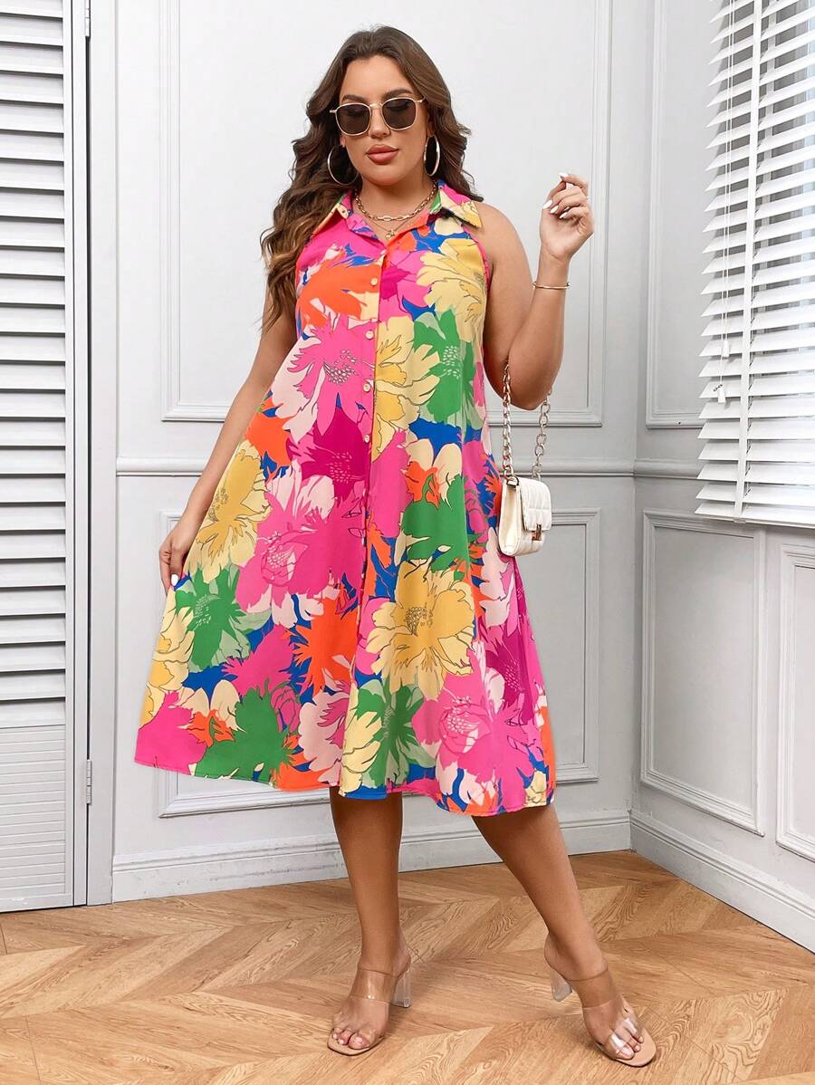 Shein Vcay Plus Floral Print Button Front Shirt Dress For Sale 