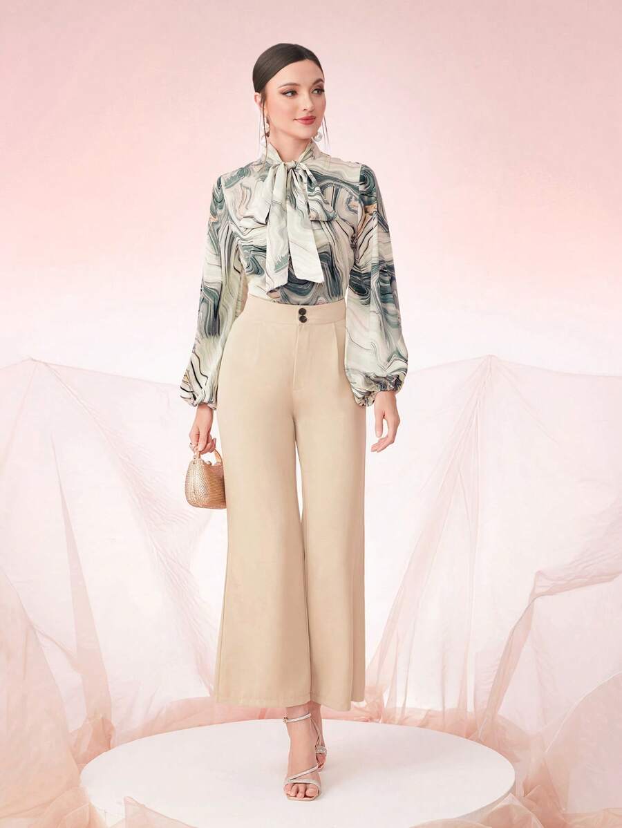 Shein Modely Marble Print Tie Neck Lantern Sleeve Blouse Shein Usa