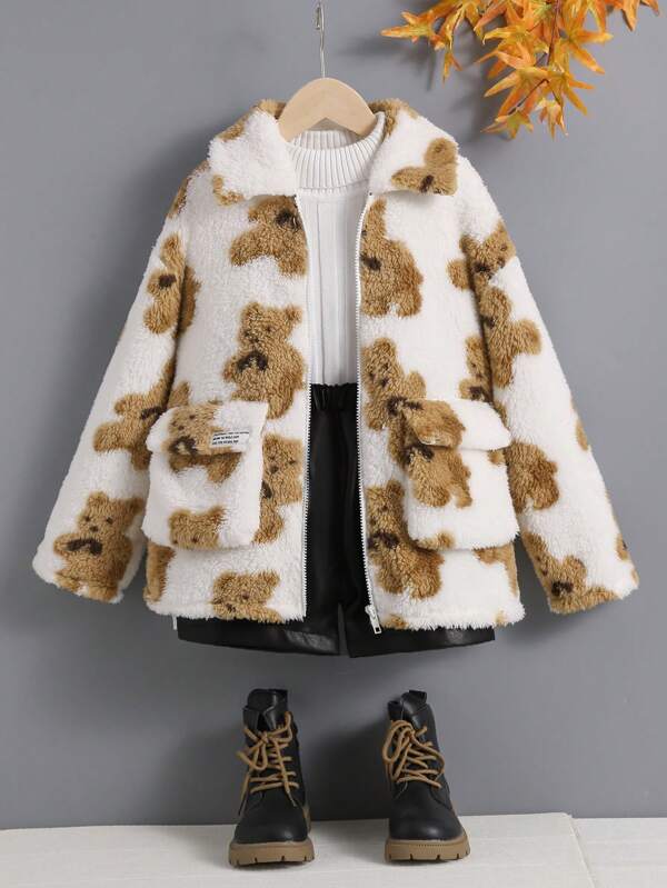 SHEIN Tween Girl Bear Pattern Flap Pocket Drop Shoulder Teddy Jacket | SHEIN USA