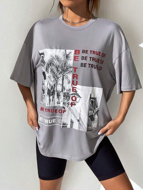 Shein Coolane Slogan Graphic Drop Shoulder Oversized Tee Shein Usa