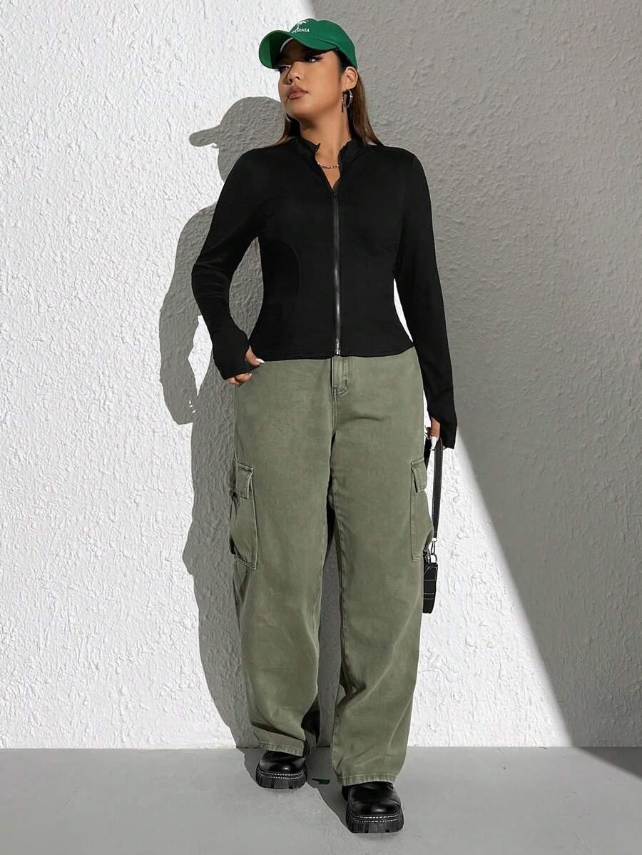 Shein Ezwear Talla Grande Cazadora Crop Con Cremallera Agujeros De