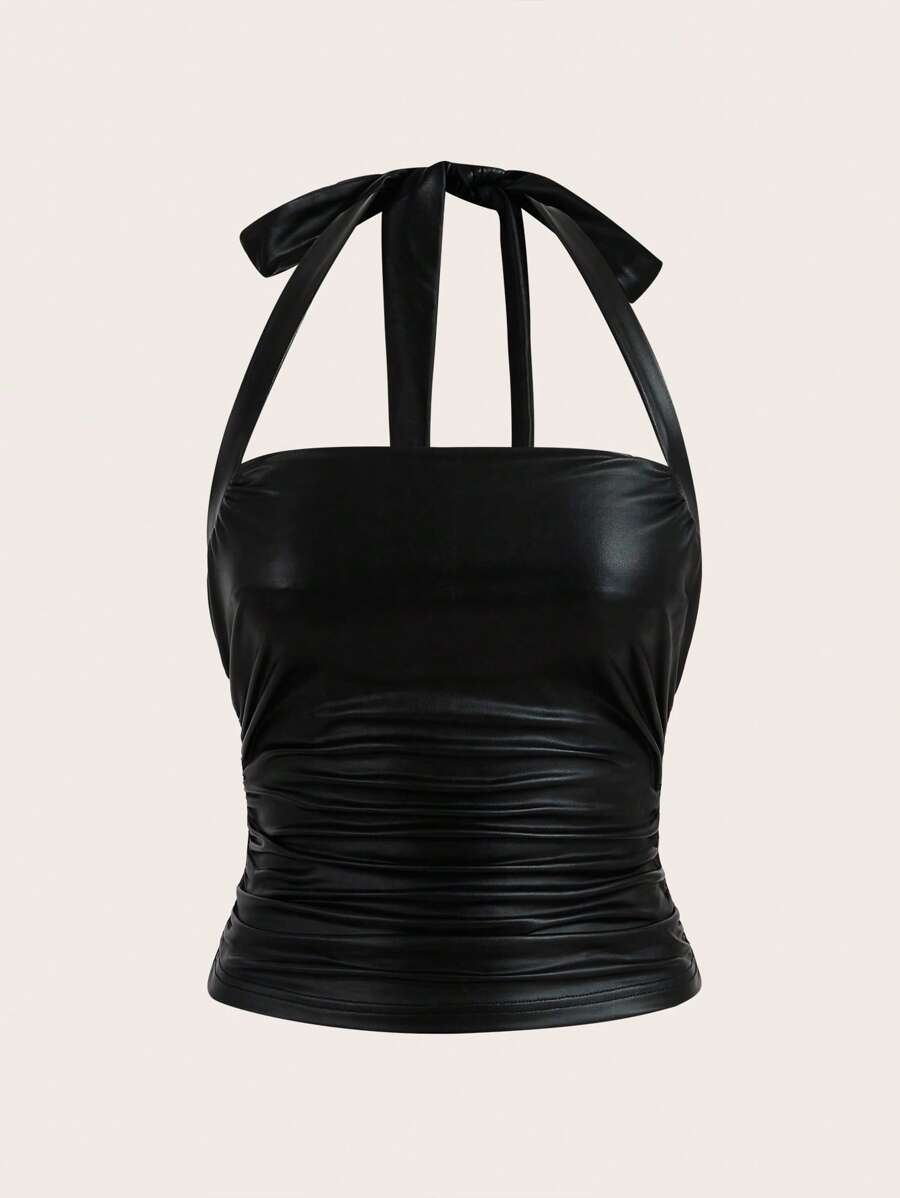 SHEIN EZwear Solid Ruched Backless Halter Top | SHEIN USA
