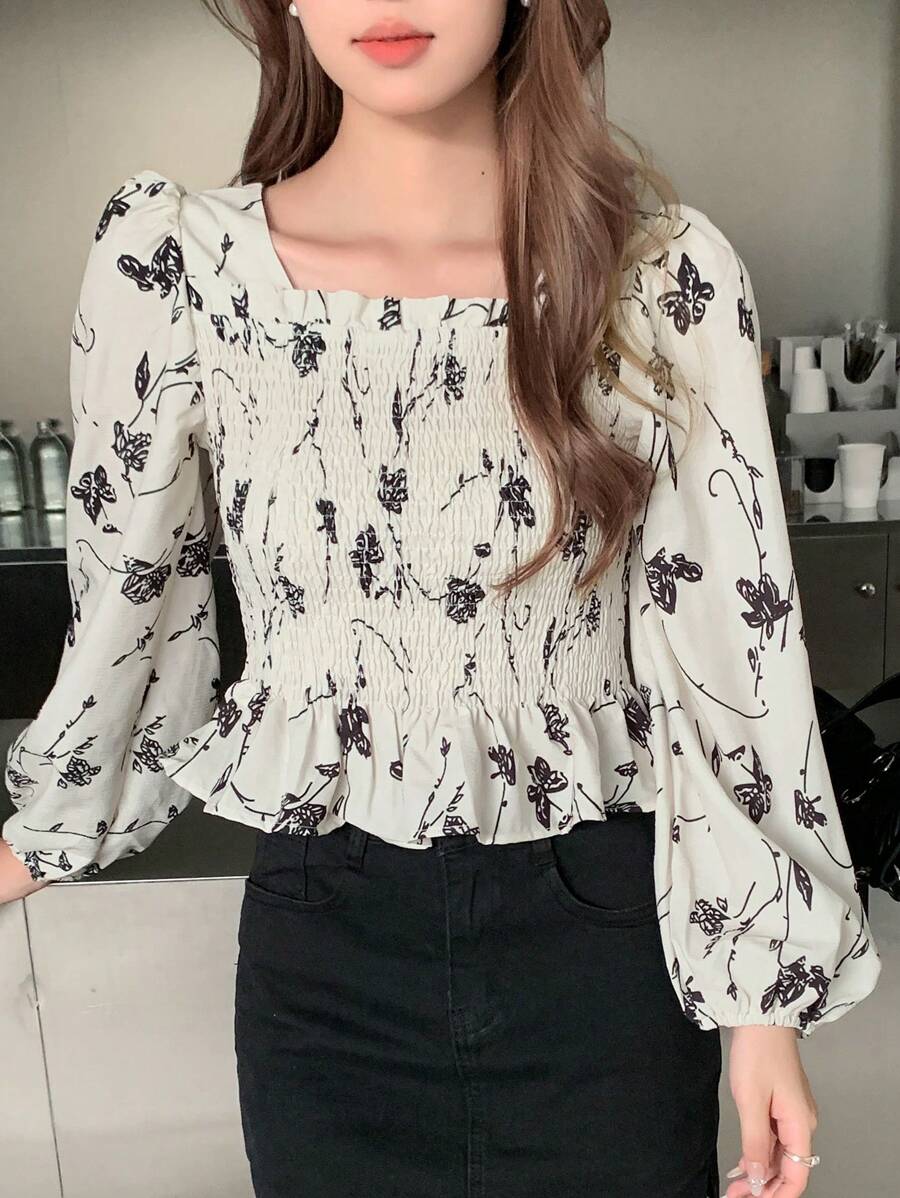 DAZY フレアスリーブ 花柄ブラウス スクエアネック | SHEIN JAPAN