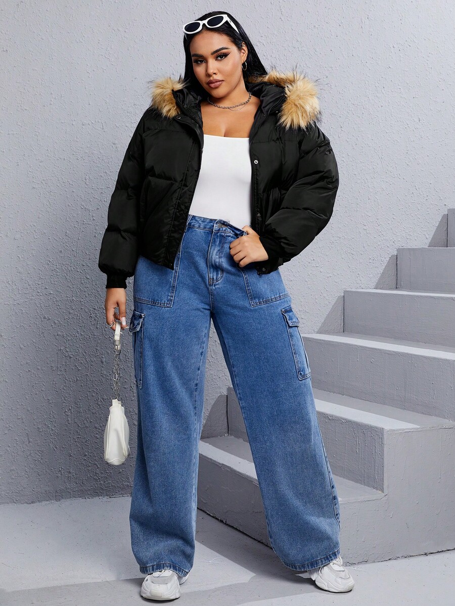 SHEIN EZwear Plus Fuzzy Trim Hooded Puffer Coat | SHEIN UK