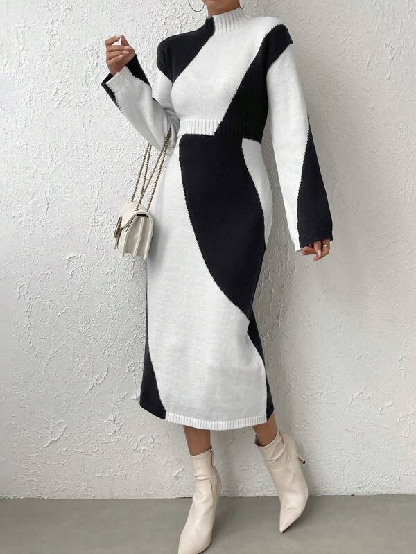 Shein Essnce Two Tone Mock Neck Drop Shoulder Sweater Dress Without