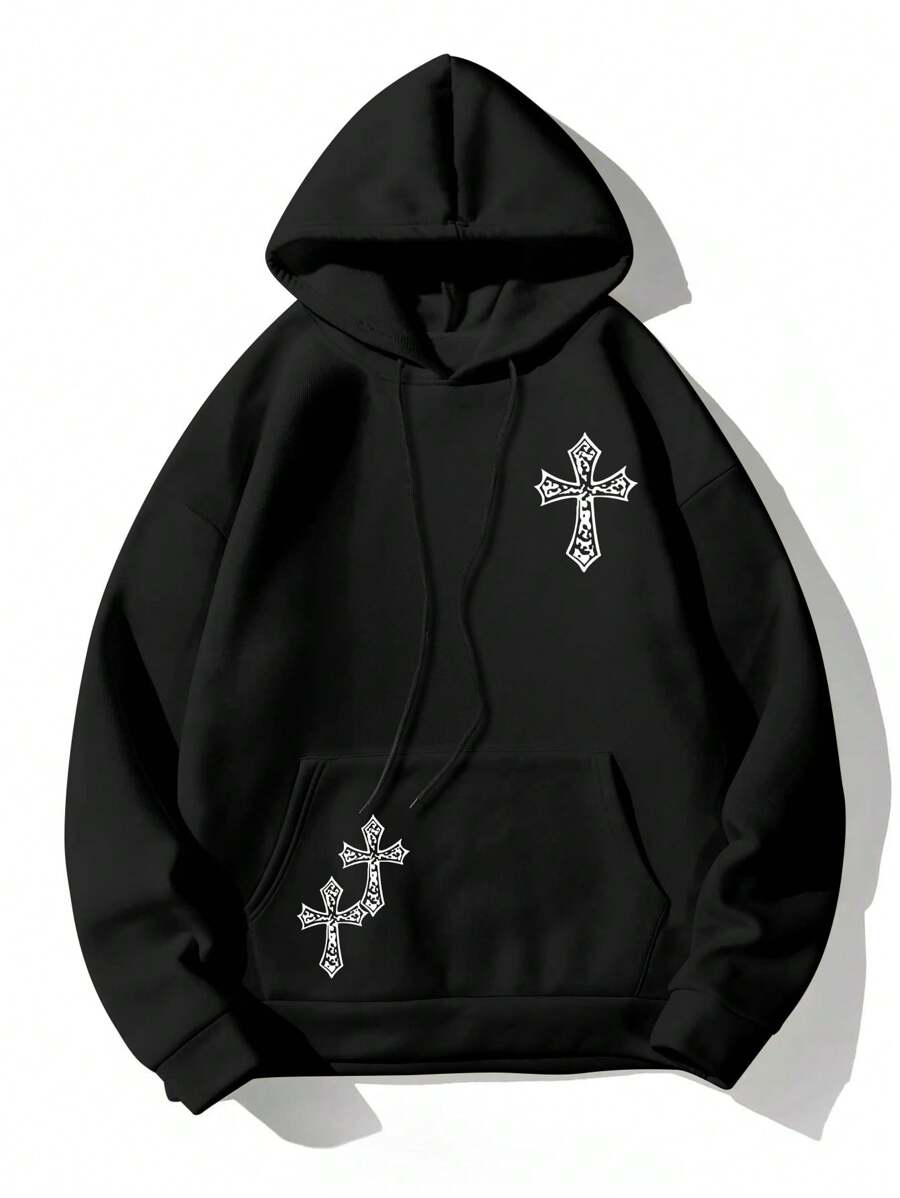 Manfinity Emrg Men Plus Cross Print Kangaroo Pocket Drawstring Hoodie