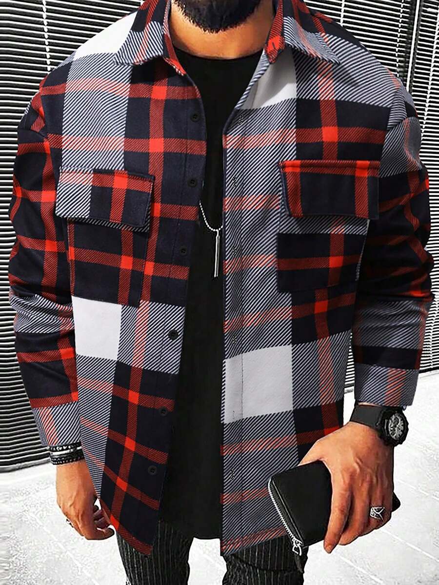 Manfinity Homme Loose Fit Men's Plaid Print Overcoat With Flap Pockets (Without Sweater) | SHEIN UK