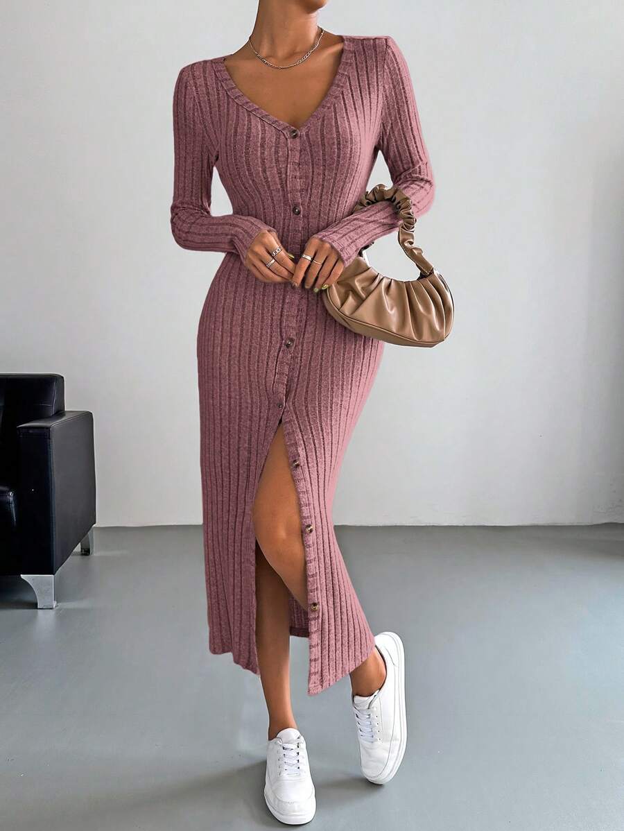 SHEIN EZwear Button Through Ribbed Knit Bodycon Dress | SHEIN USA
