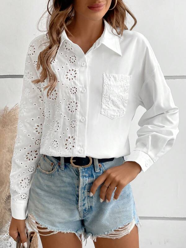SHEIN VCAY Camisa con bordado con ojal de hombros caídos con parche de bolsillo | Moda de Mujer ...