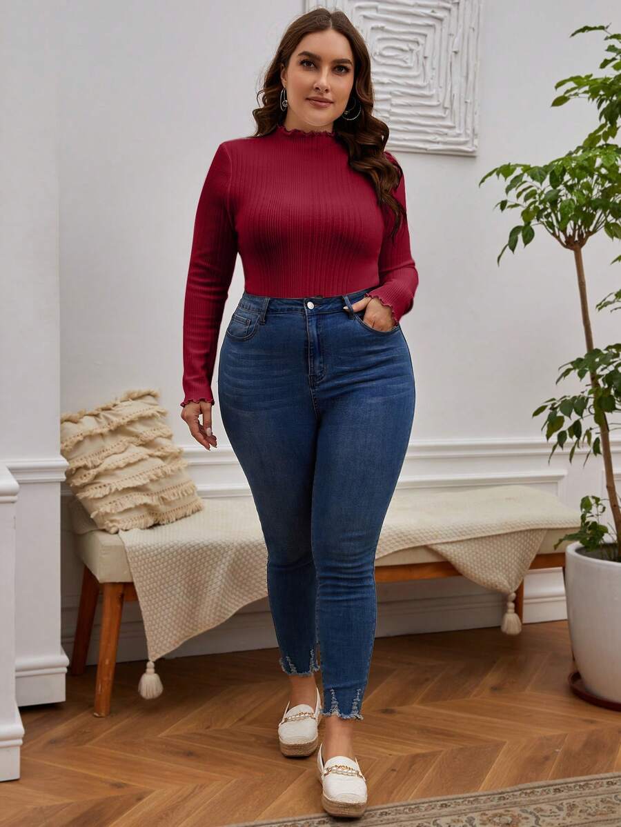 Shein Essnce Plus Lettuce Trim Ribbed Knit Bodysuit Shein Usa