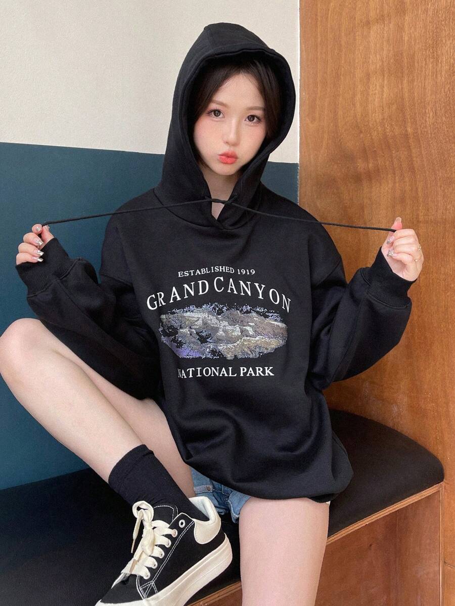 DAZY Slogan Graphic Drop Shoulder Drawstring Hoodie | SHEIN USA