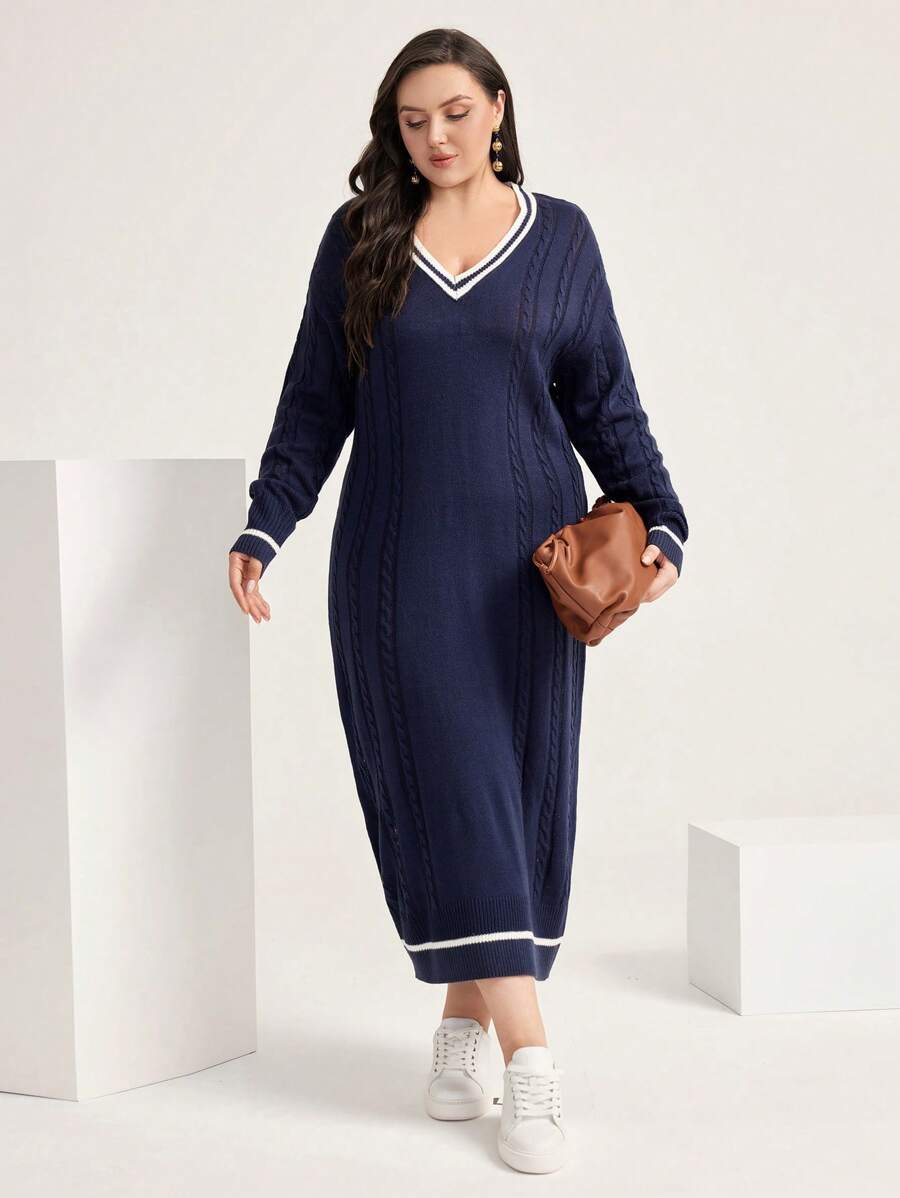 Shein Mulvari Plus Striped Trim Cable Knit Drop Shoulder Sweater Dress