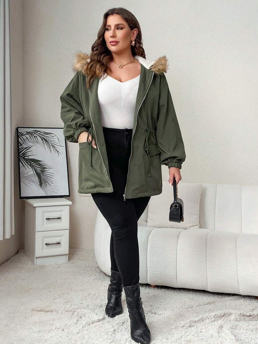 SHEIN LUNE Plus Drawstring Waist Fuzzy Trim Hooded Parka Coat | SHEIN UK