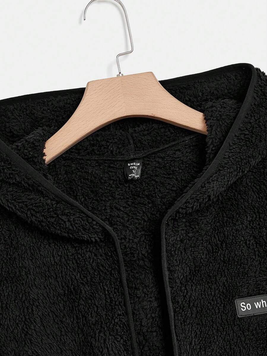 SHEIN EZwear Plus Letter Patched Drop Shoulder Hooded Teddy Jacket | SHEIN USA