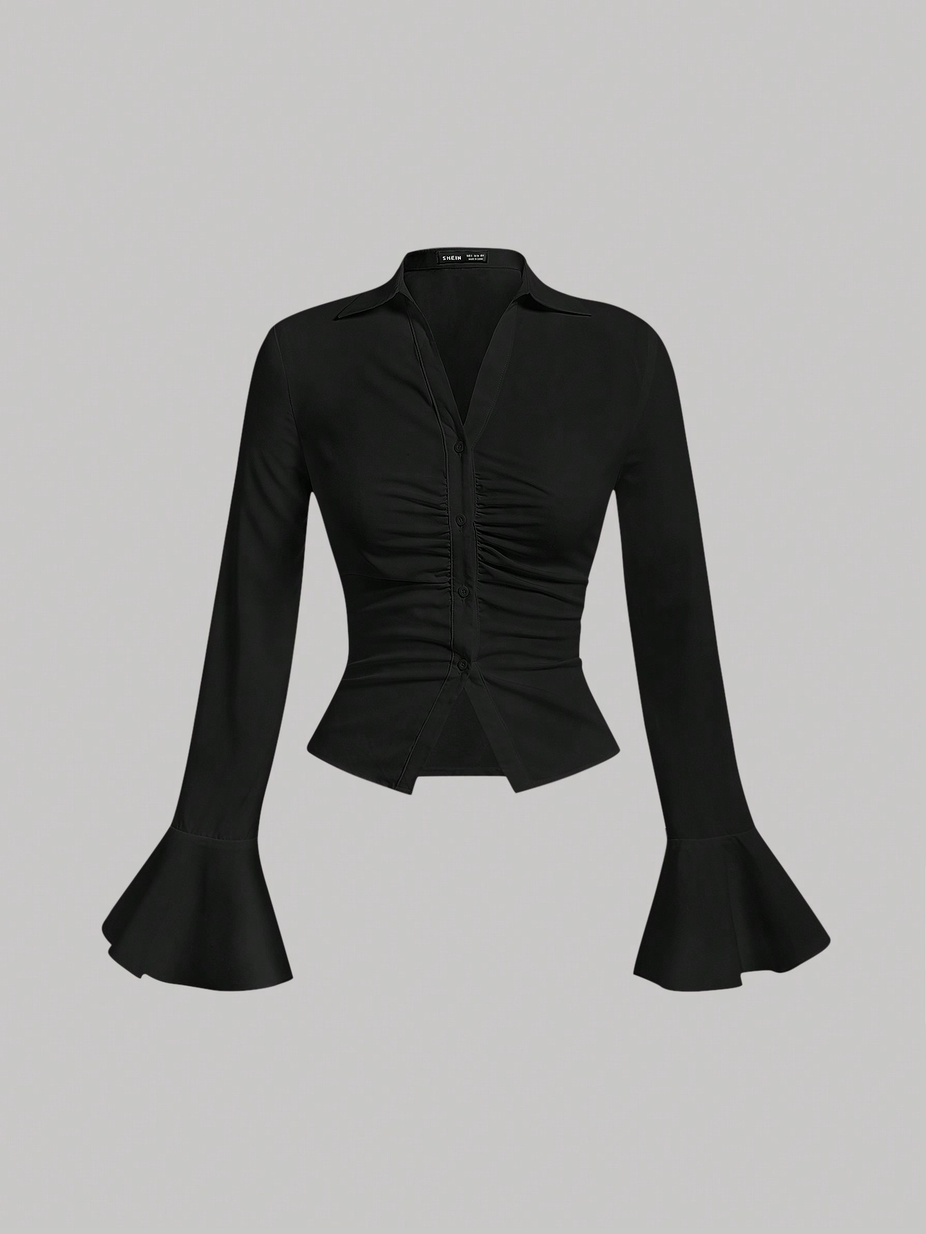 Shein Mod Solid Ruched Button Front Flounce Sleeve Shirt