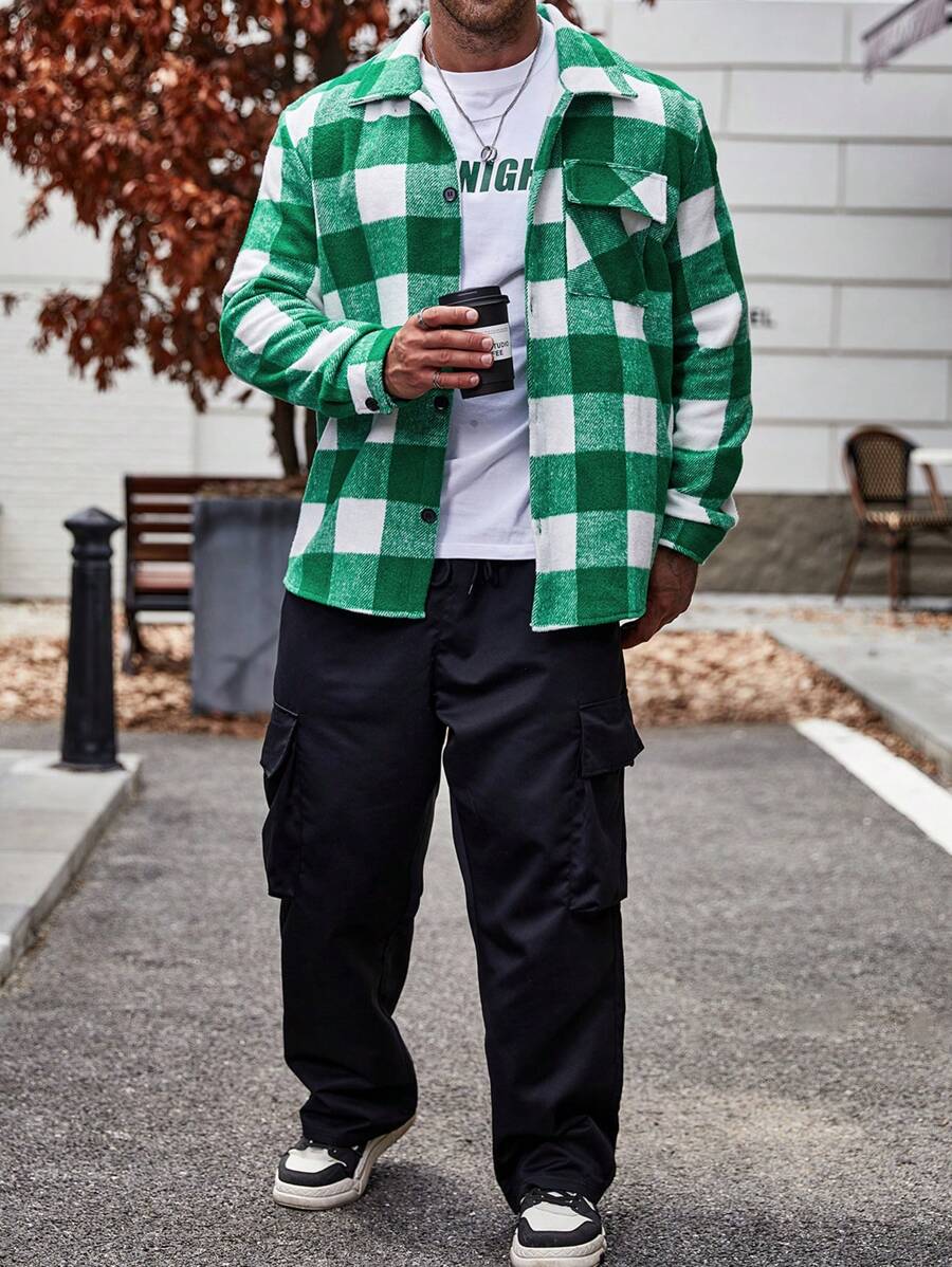 Manfinity Homme Men Plus Buffalo Plaid Print Flap Pocket Shacket | SHEIN USA