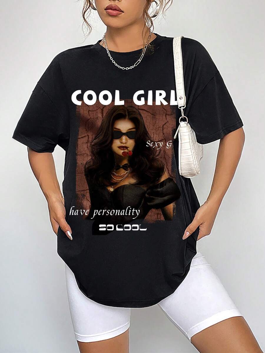 Shein Coolane Slogan And Figure Graphic Drop Shoulder Tee Cool Girl Sexy