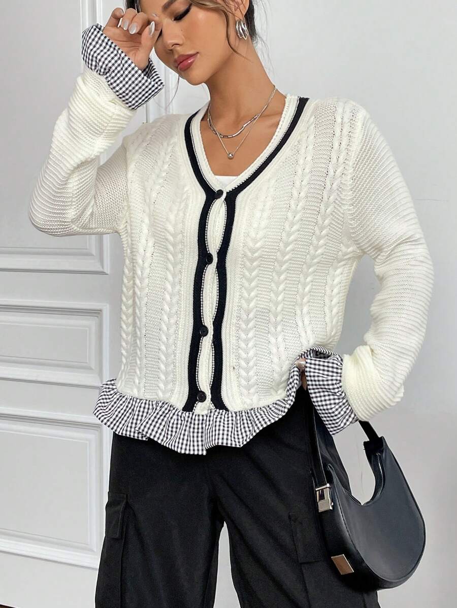 Contrast Binding Button Front Cable Knit Cardigan Shein Usa
