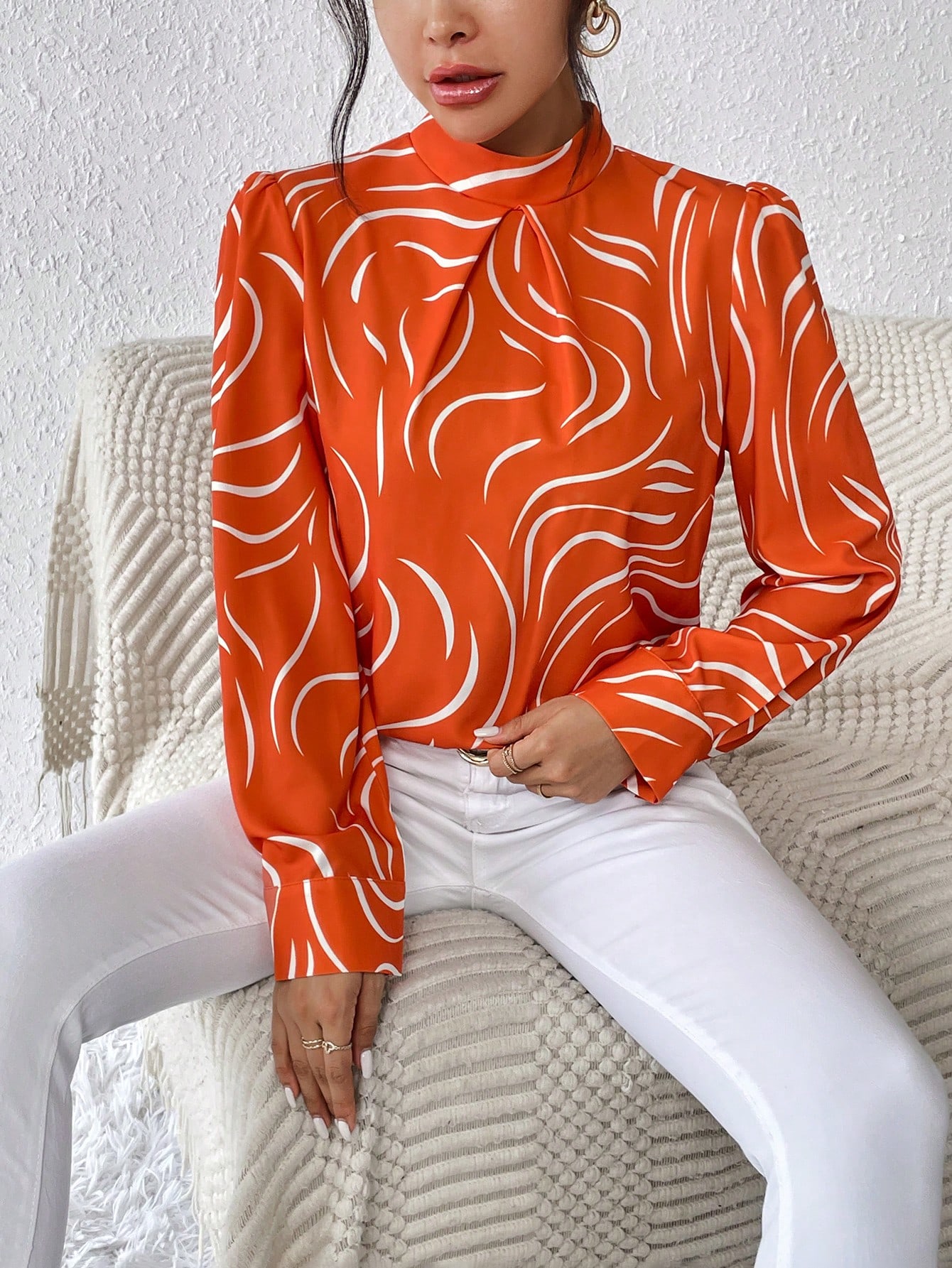 Shein Essnce Allover Print Mock Neck Puff Sleeve Blouse