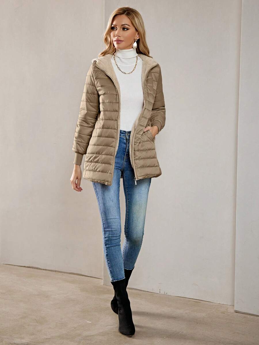 SHEIN LUNE Zip Up Hooded Teddy Lined Puffer Coat | SHEIN UK