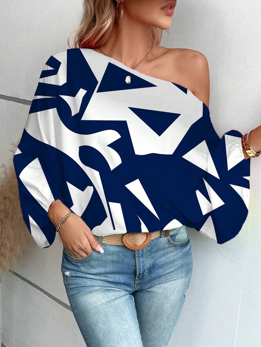 Shein Lune Geo Print Asymmetrical Neck Batwing Sleeve Blouse For Sale