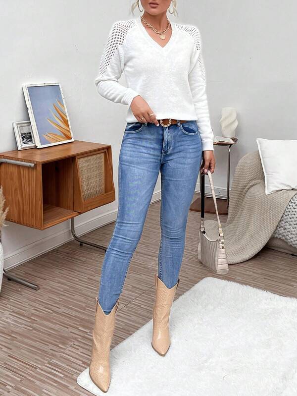 Shein Essnce Solid Pointelle Knit Raglan Sleeve V Neck Sweater Shein Usa