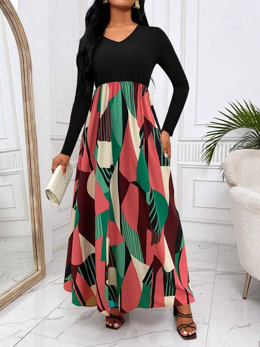 SHEIN Lady Striped & Geo Patchwork Print A-line Dress | SHEIN USA