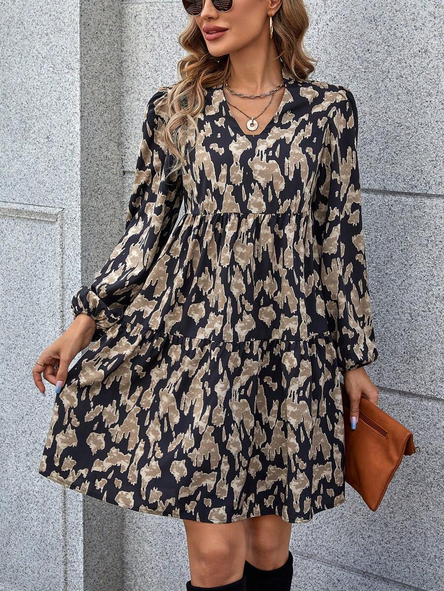 SHEIN LUNE Impressão Allover Gola Entalhado Manga Lanterna Vestido De Bata | SHEIN Brasil