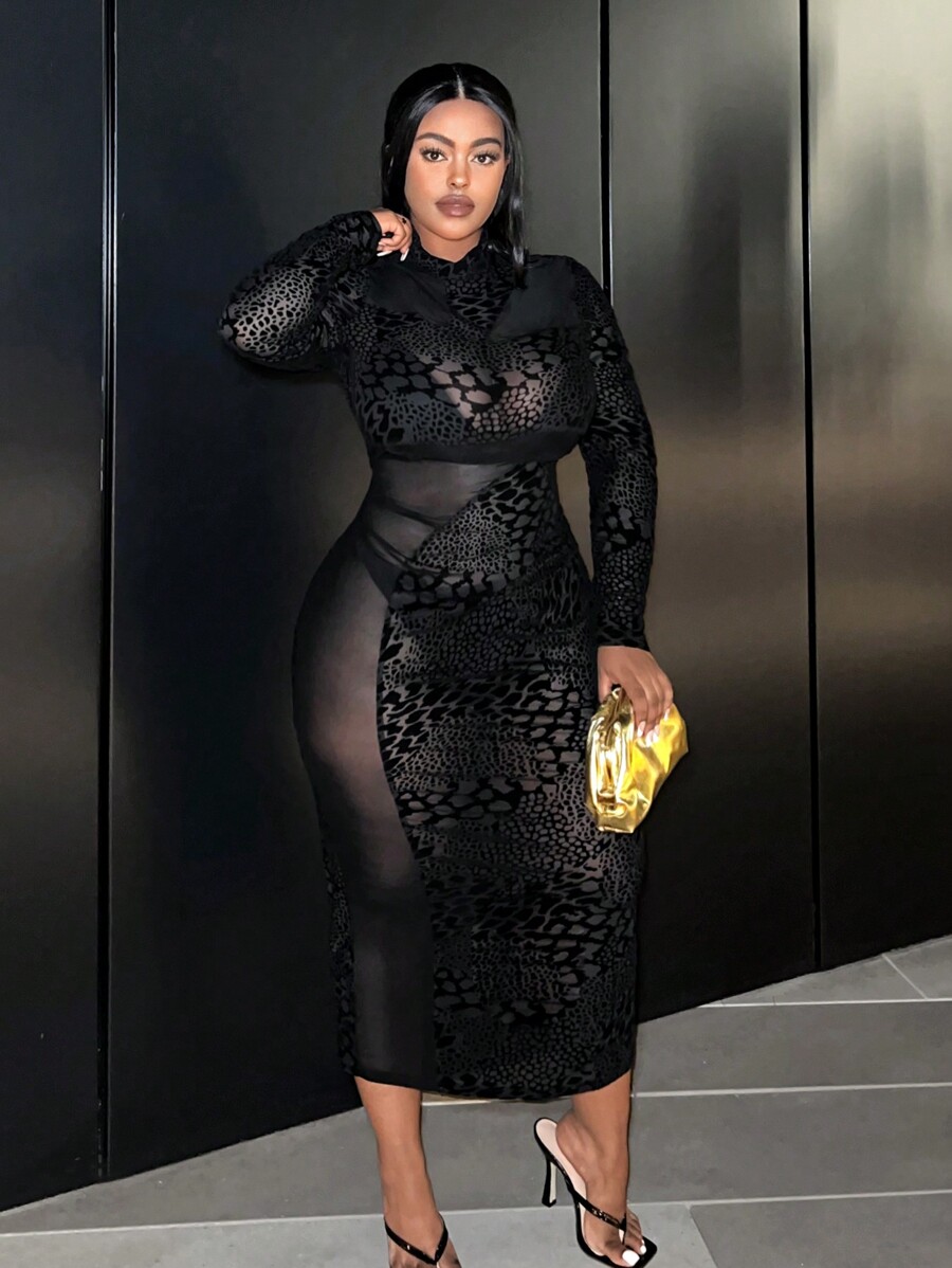 SHEIN Slayr Sexy Plus Size Knit Velvet Bodycon Dress With Sheer Mesh Panel And Black Spliced ...