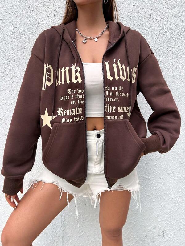 Shein Coolane Star And Slogan Graphic Drop Shoulder Drawstring Hoodie