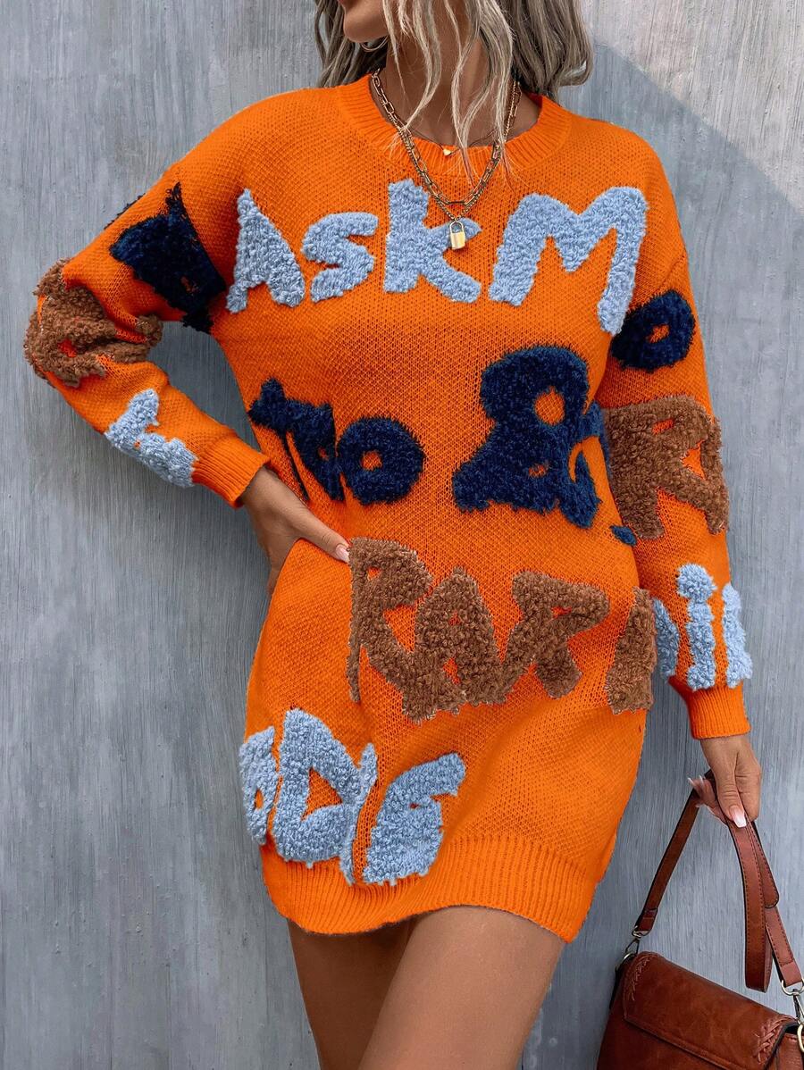 Shein Lune Letter Pattern Drop Shoulder Sweater Dress Shein Usa