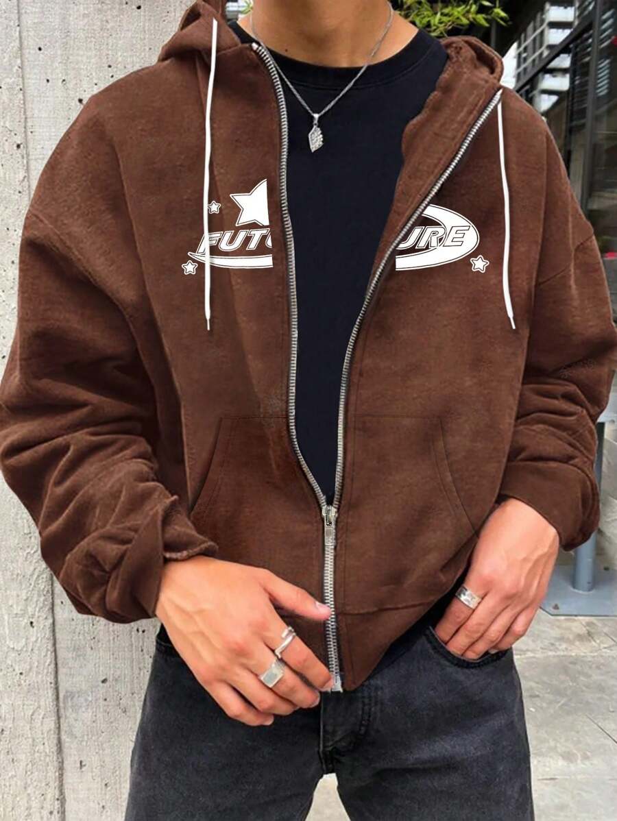 Manfinity Hypemode Loose Fit Letter & Star Print Zipper Closure Drawstring Hooded Sweatshirt For ...