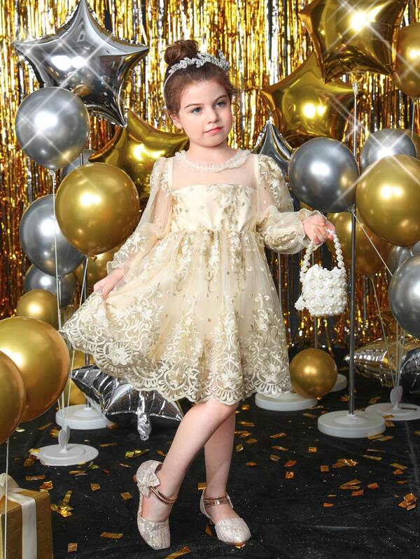 Shein Kids Charmng Young Girl Floral Embroidery Mesh Overlay Flare