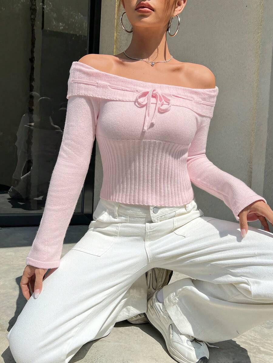 Shein Qutie Tie Front Foldover Off Shoulder Crop Sweater Shein Uk