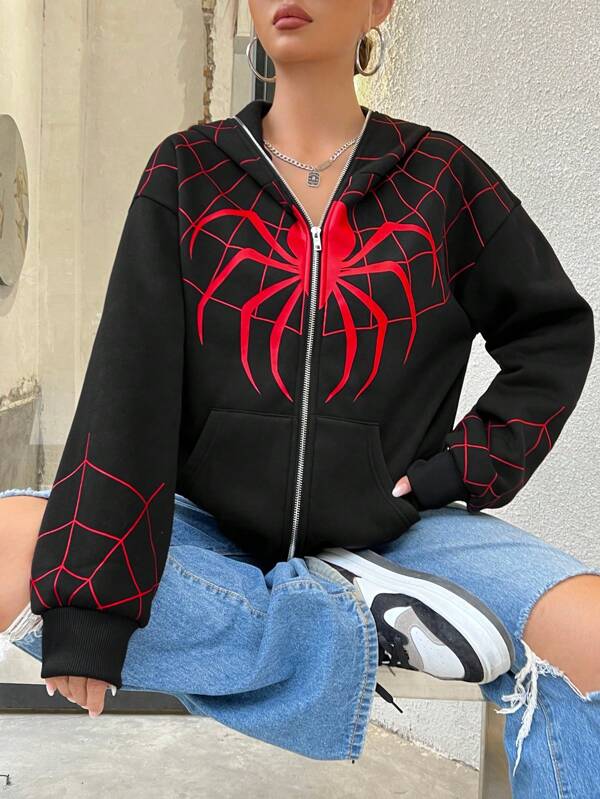 Shein Coolane Spider Web Print Zip Up Drop Shoulder Hoodie Shein Usa