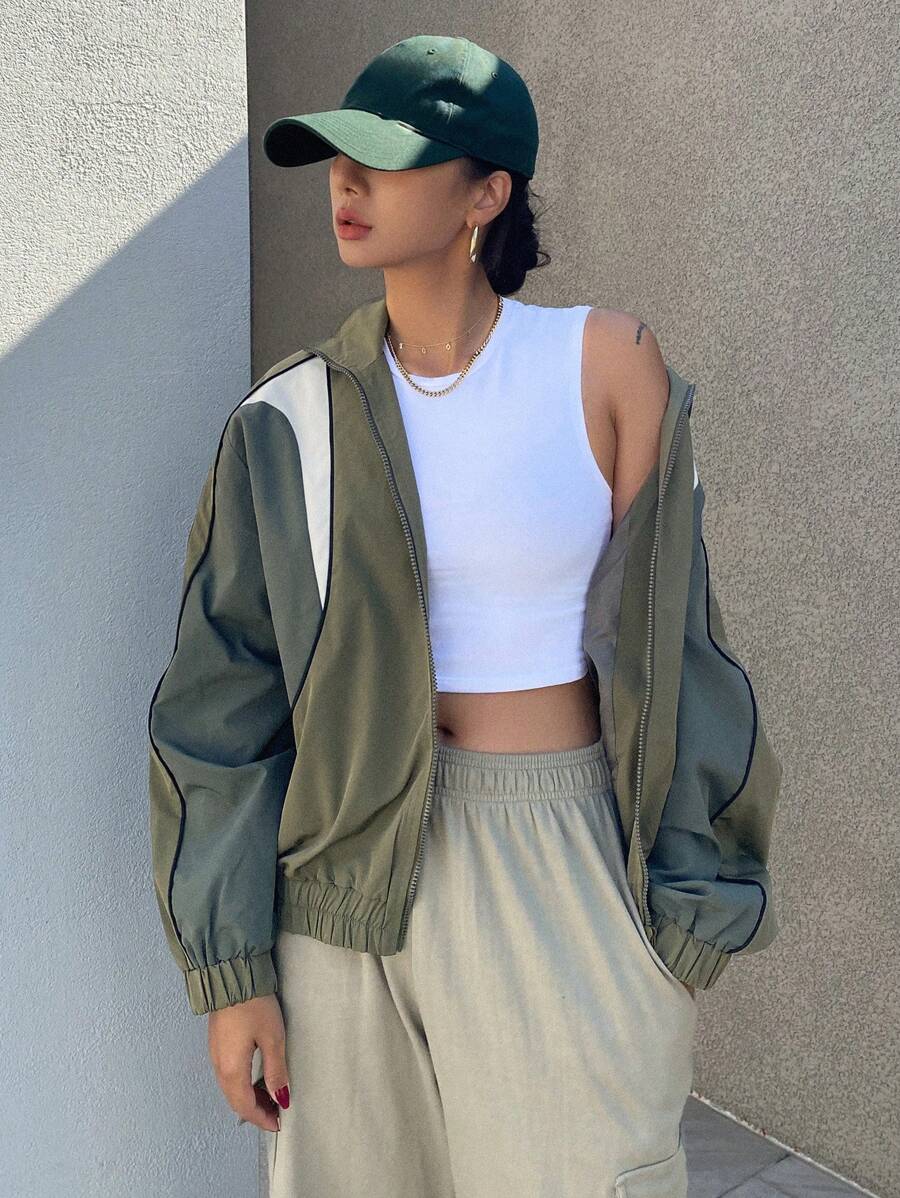 Dazy Star Contrast Piping Zip Up Drop Shoulder Jacket | SHEIN USA