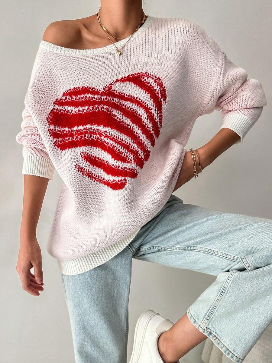 Damen-pullover Mit Herzmuster, Rundhalsausschnitt, Patchwork-besatz Und Überschnittener Schulter ...