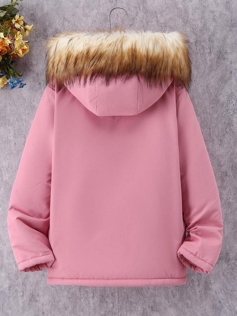 SHEIN Tween Girl Fuzzy Trim Hooded Thermal Lined Padded Coat Without Sweater | SHEIN EUR