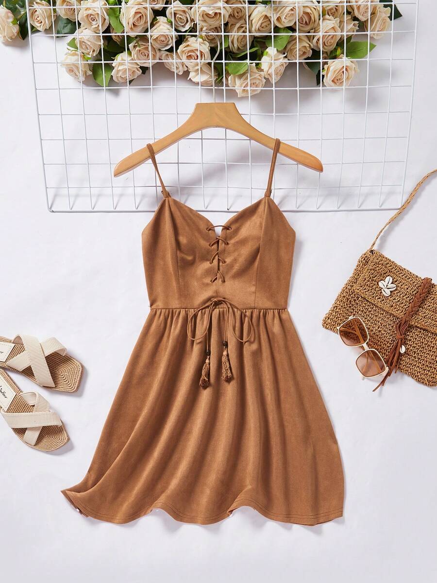 Shein Wywh Solid Lace Up Front Cami Dress Shein Euqs