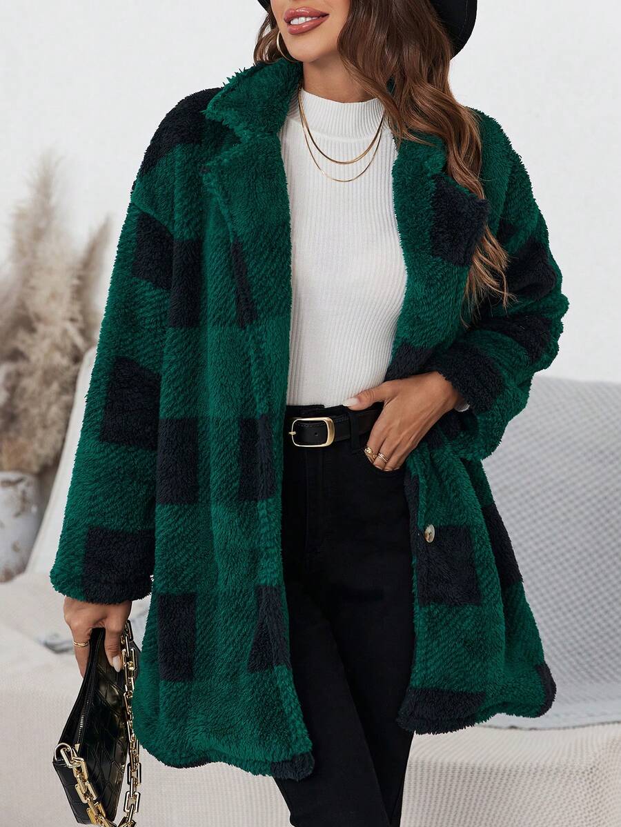 SHEIN LUNE Buffalo Plaid Pattern Drop Shoulder Teddy Coat | SHEIN USA