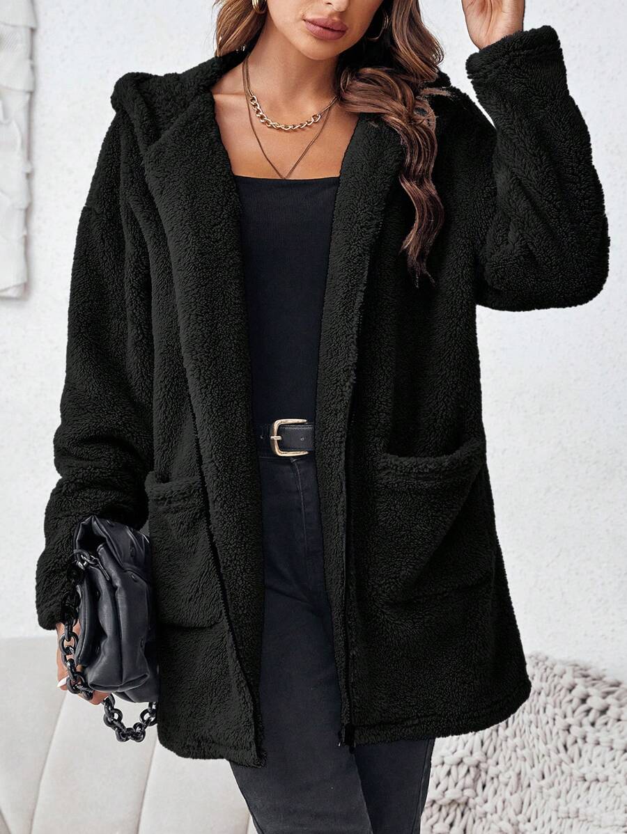 SHEIN LUNE Dual Pocket Hooded Teddy Coat | SHEIN USA
