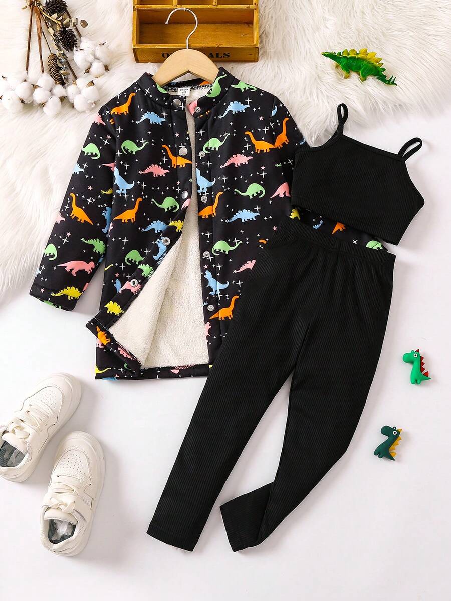 SHEIN 3 szt./zestaw Dziewczyny Słodki I Zimny Druk dinozaura Kurtki , Kamizelka I Spodnie ...